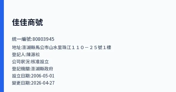 佳佳商號的照片-統編 80803945(澎湖縣) 公司登記資料與營業項目詳細圖表