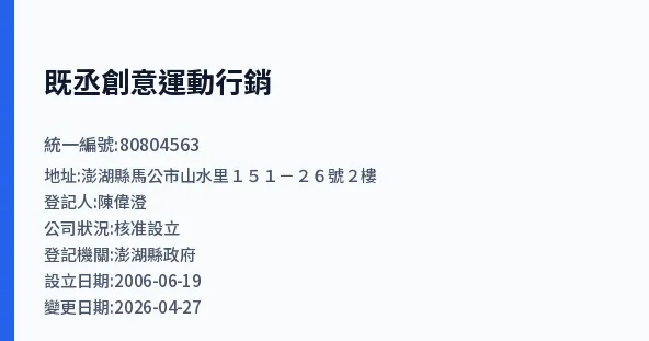 既丞創意運動行銷的照片-統編 80804563(澎湖縣) 公司登記資料與營業項目詳細圖表