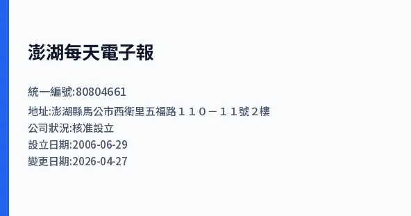 澎湖每天電子報的照片-統編 80804661(澎湖縣) 公司登記資料與營業項目詳細圖表
