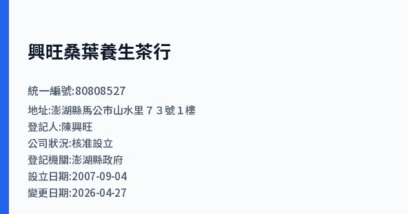 興旺桑葉養生茶行的照片-統編 80808527(澎湖縣) 公司登記資料與營業項目詳細圖表