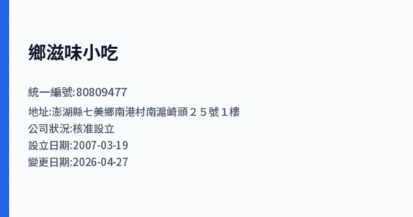 鄉滋味小吃的照片-統編 80809477(澎湖縣) 公司登記資料與營業項目詳細圖表