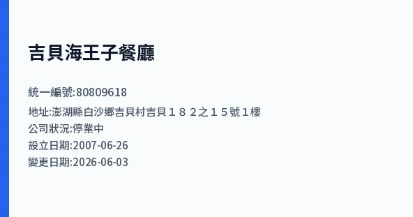 吉貝海王子餐廳的照片-統編 80809618(澎湖縣) 公司登記資料與營業項目詳細圖表