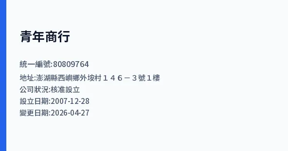 青年商行的照片-統編 80809764(澎湖縣) 公司登記資料與營業項目詳細圖表