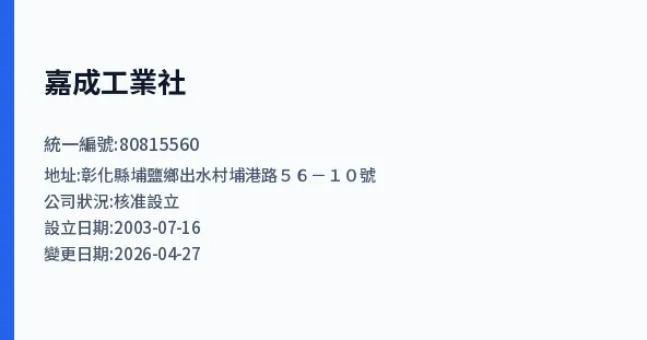嘉成工業社的照片-統編 80815560(彰化縣) 公司登記資料與營業項目詳細圖表