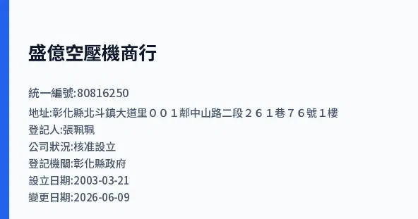 盛億空壓機商行的照片-統編 80816250(彰化縣) 公司登記資料與營業項目詳細圖表