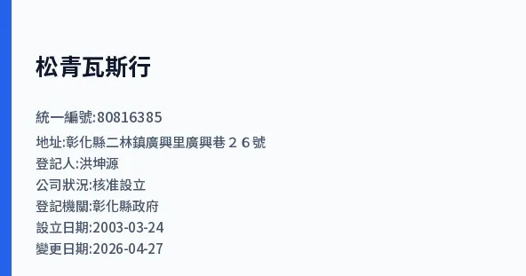 松青瓦斯行的照片-統編 80816385(彰化縣) 公司登記資料與營業項目詳細圖表