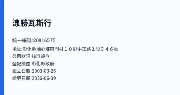 湶勝瓦斯行的照片-統編 80816575(彰化縣) 公司登記資料與營業項目詳細圖表