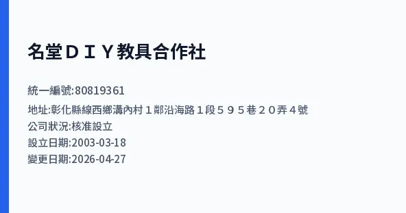 名堂DIY教具合作社的照片-統編 80819361(彰化縣) 公司登記資料與營業項目詳細圖表