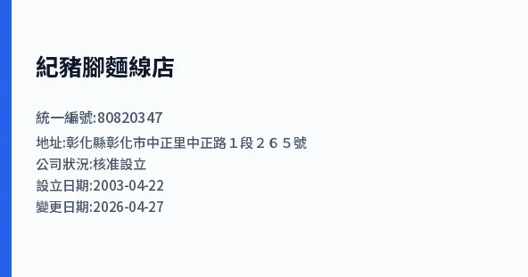 紀豬腳麵線店的照片-統編 80820347(彰化縣) 公司登記資料與營業項目詳細圖表