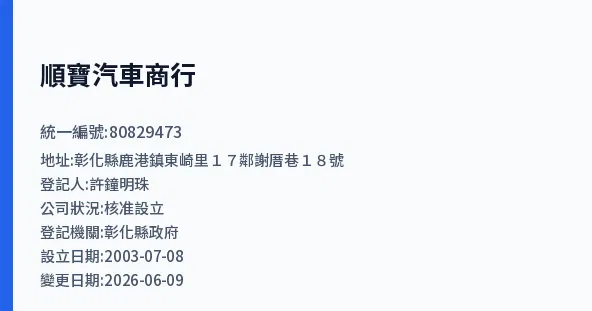 順寶汽車商行的照片-統編 80829473(彰化縣) 公司登記資料與營業項目詳細圖表