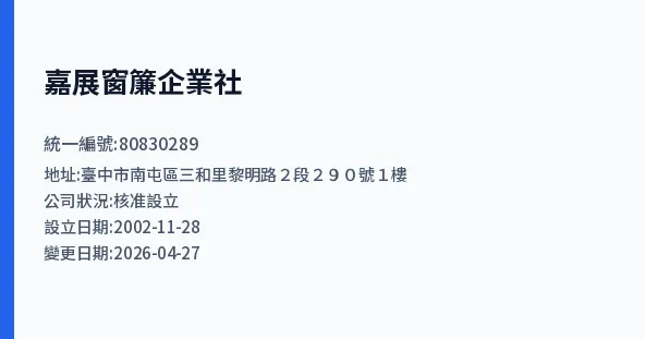 嘉展窗簾企業社的照片-統編 80830289(臺中市) 公司登記資料與營業項目詳細圖表