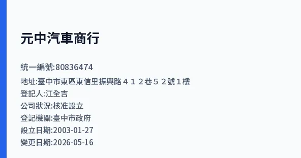 元中汽車商行的照片-統編 80836474(臺中市) 公司登記資料與營業項目詳細圖表