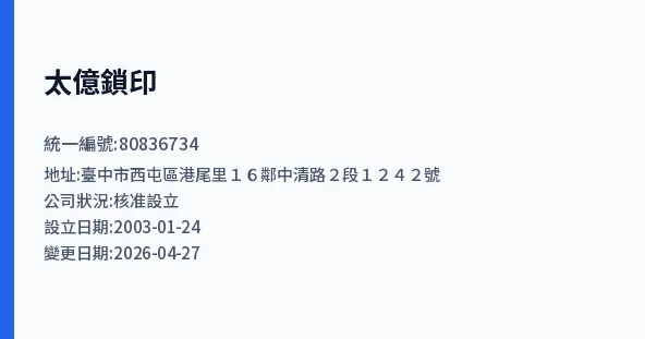 太億鎖印的照片-統編 80836734(臺中市) 公司登記資料與營業項目詳細圖表