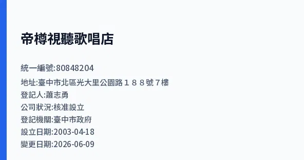 帝樽視聽歌唱店的照片-統編 80848204(臺中市) 公司登記資料與營業項目詳細圖表