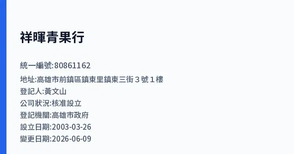 祥暉青果行的照片-統編 80861162(高雄市) 公司登記資料與營業項目詳細圖表