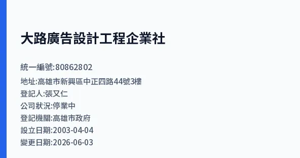 大路廣告設計工程企業社的照片-統編 80862802(高雄市) 公司登記資料與營業項目詳細圖表