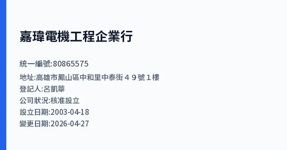 嘉瑋電機工程企業行的照片-統編 80865575(高雄市) 公司登記資料與營業項目詳細圖表