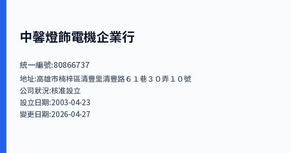 中馨燈飾電機企業行的照片-統編 80866737(高雄市) 公司登記資料與營業項目詳細圖表
