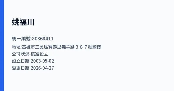姚福川的照片-統編 80868411(高雄市) 公司登記資料與營業項目詳細圖表