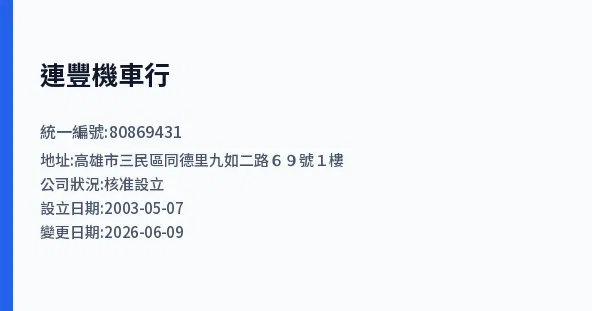連豐機車行的照片-統編 80869431(高雄市) 公司登記資料與營業項目詳細圖表