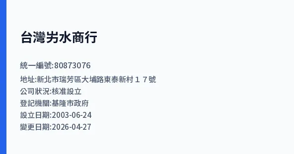 台灣屴水商行的照片-統編 80873076(新北市) 公司登記資料與營業項目詳細圖表