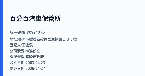 百分百汽車保養所的照片-統編 80874075(基隆市) 公司登記資料與營業項目詳細圖表