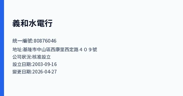義和水電行的照片-統編 80876046(基隆市) 公司登記資料與營業項目詳細圖表