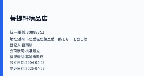菩提軒精品店的照片-統編 80888351(基隆市) 公司登記資料與營業項目詳細圖表