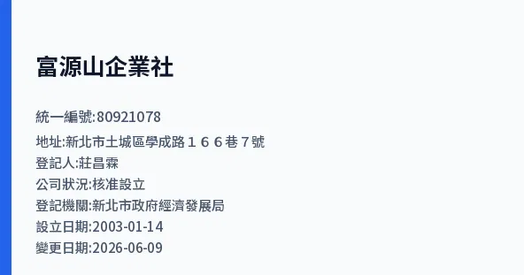富源山企業社的照片-統編 80921078(新北市) 公司登記資料與營業項目詳細圖表