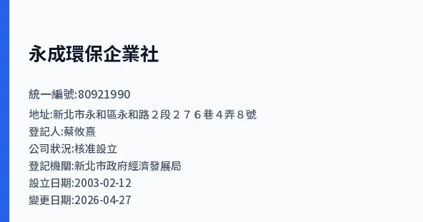 永成環保企業社的照片-統編 80921990(新北市) 公司登記資料與營業項目詳細圖表