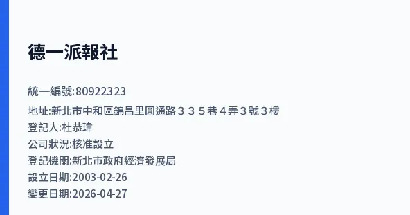 德一派報社的照片-統編 80922323(新北市) 公司登記資料與營業項目詳細圖表