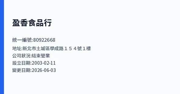 盈香食品行的照片-統編 80922668(新北市) 公司登記資料與營業項目詳細圖表