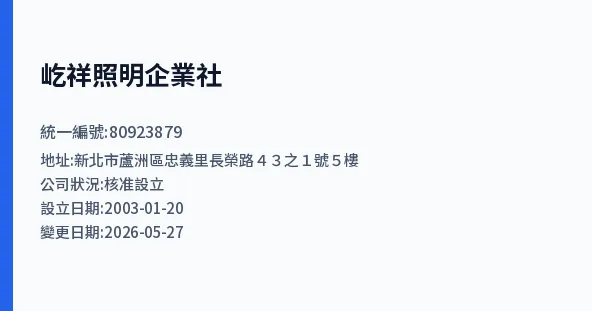 屹祥照明企業社的照片-統編 80923879(新北市) 公司登記資料與營業項目詳細圖表