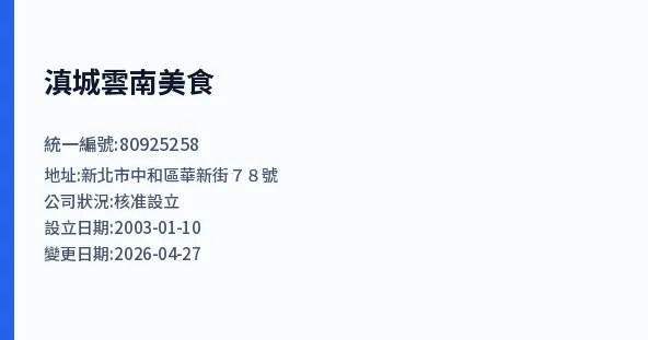 滇城雲南美食的照片-統編 80925258(新北市) 公司登記資料與營業項目詳細圖表