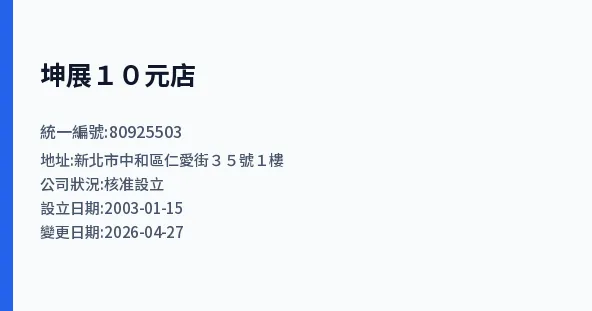 坤展10元店的照片-統編 80925503(新北市) 公司登記資料與營業項目詳細圖表