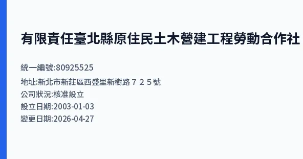 有限責任臺北縣原住民土木營建工程勞動合作社的照片-統編 80925525(新北市) 公司登記資料與營業項目詳細圖表