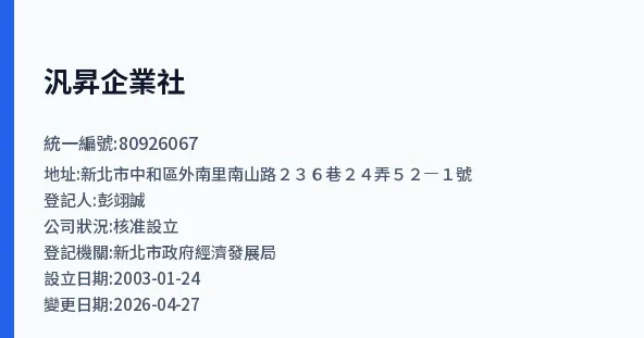 汎昇企業社的照片-統編 80926067(新北市) 公司登記資料與營業項目詳細圖表