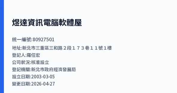 煜達資訊電腦軟體屋的照片-統編 80927501(新北市) 公司登記資料與營業項目詳細圖表