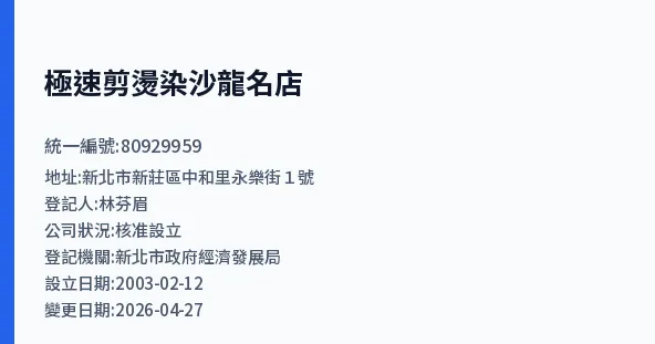 極速剪燙染沙龍名店的照片-統編 80929959(新北市) 公司登記資料與營業項目詳細圖表