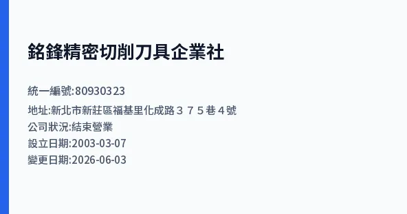 銘鋒精密切削刀具企業社的照片-統編 80930323(新北市) 公司登記資料與營業項目詳細圖表
