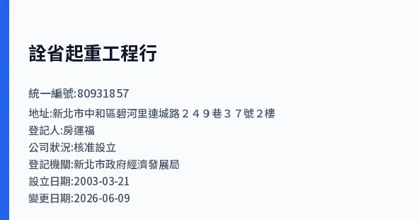 詮省起重工程行的照片-統編 80931857(新北市) 公司登記資料與營業項目詳細圖表