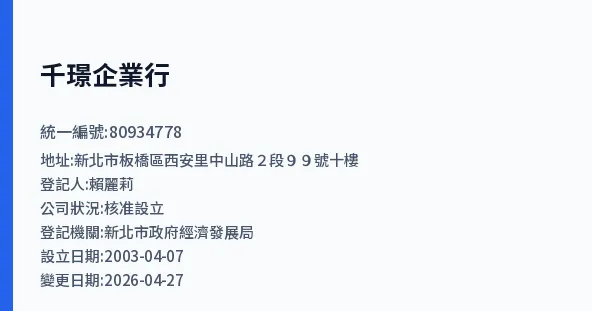 千璟企業行的照片-統編 80934778(新北市) 公司登記資料與營業項目詳細圖表
