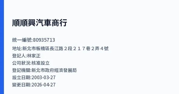 順順興汽車商行的照片-統編 80935713(新北市) 公司登記資料與營業項目詳細圖表