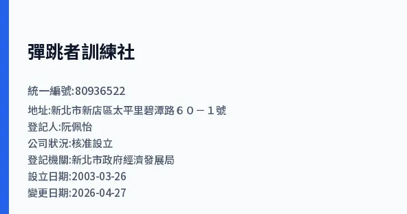 彈跳者訓練社的照片-統編 80936522(新北市) 公司登記資料與營業項目詳細圖表