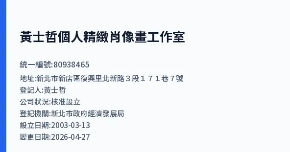 黃士哲個人精緻肖像畫工作室的照片-統編 80938465(新北市) 公司登記資料與營業項目詳細圖表