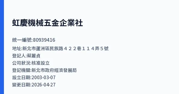 虹慶機械五金企業社的照片-統編 80939416(新北市) 公司登記資料與營業項目詳細圖表
