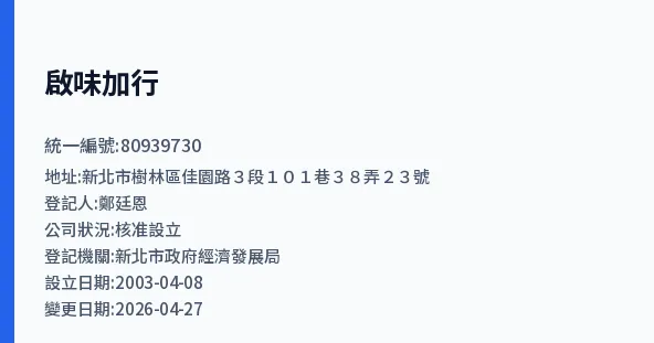 啟味加行的照片-統編 80939730(新北市) 公司登記資料與營業項目詳細圖表
