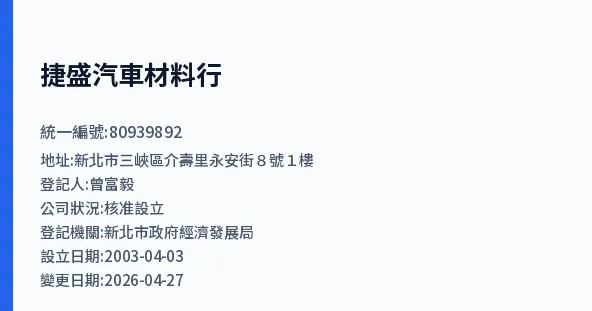 捷盛汽車材料行的照片-統編 80939892(新北市) 公司登記資料與營業項目詳細圖表