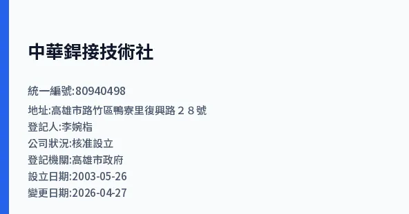 中華銲接技術社的照片-統編 80940498(高雄市) 公司登記資料與營業項目詳細圖表
