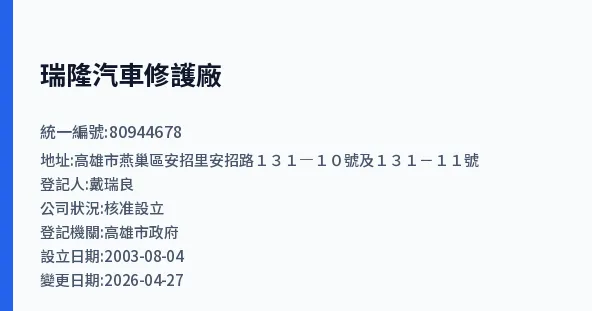 瑞隆汽車修護廠的照片-統編 80944678(高雄市) 公司登記資料與營業項目詳細圖表